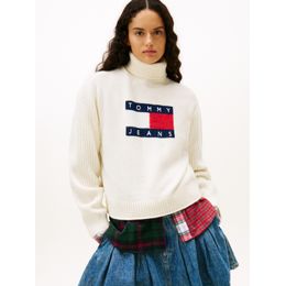 Rollkragenpullover Tommy Jeans "TJW TURTLENECK FLAG SWEATER EXT", Damen, Gr. XXL (44), ancient wei&szlig;, Strick, Obermaterial: 53% Polyester, 38% Nylon, 9% Wolle, gemustert, regular fit normal, Rundhals, Pullover Rollkragenpullover