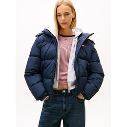 Steppjacke Tommy Jeans "TJW OVS HOODED FLAG PUFFER EXT", Damen, Gr. M (38), schwarz night navy, Steppware, Obermaterial: 100% Nylon, unifarben, regular fit, B&uuml;ndchen, Jacken Steppjacke