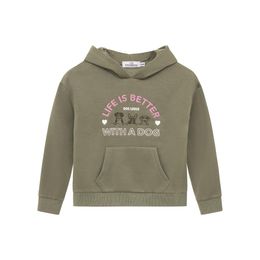 Hoodie Zwillingsherz "Dog Life", M&auml;dchen, Gr. 134/140, khaki, Sweatware, Obermaterial: 80% Polyester, 20% Baumwolle, Sweatshirts Hoodie, Mini-Me,mit gestickten Hunden und Slogan