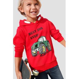 Kapuzensweatshirt Kidsworld "BEST JOB EVER", Jungen, Gr. 140/146, rot, angeraute Sweatware, Obermaterial: 100% Baumwolle. Kapuzenfutter: 100% Baumwolle, bedruckt, Basic, B&uuml;ndchen, Sweatshirts Kapuzensweatshirt, Kapuzensweatshirt mit Traktor-Print, Topseller