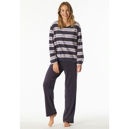 Schlafanzug Schiesser "Casual Essentials", Damen, Gr. 50, indigo, Frottee, Obermaterial: 80% Baumwolle, 20% Polyester, lang, Rundhals, Homewear-Sets Schlafanzug, Rundhalsausschnitt, w&auml;rmende Frottee-Qualit&auml;t, lang&auml;rmelig