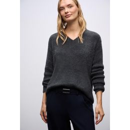 V-Ausschnitt-Pullover Street One, Damen, Gr. 44, gravel grau, Strick, Obermaterial: 55% Polyester, 45% Baumwolle, unifarben, regular fit normal, V-Ausschnitt, gerader Abschluss, Pullover V-Ausschnitt-Pullover, mit Rippb&uuml;ndchen