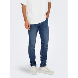Only & Sons Slim-fit-Jeans ONLY & SONS "ONSLOOM SLIM 5748 EY BOX JEANS MU", Herren, Gr. 31, L&auml;nge 34, medium blau denim, Denim/Jeans, Obermaterial: 65% Baumwolle, 18% Polyester, 15% Viskose, 2% Elasthan, Abriebeffekte, slim fit lang, Jeans Slim-fit-Jeans, Baumwollmischung, slim fit