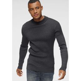 Stehkragenpullover Bruno Banani, Herren, Gr. L (52/54), grau (anthrazit, meliert), Feinstrick, Obermaterial: 50% Baumwolle, 50% Polyacryl, meliert, Basic, slim fit, B&uuml;ndchen, Pullover Stehkragenpullover, in Rippstrickoptik