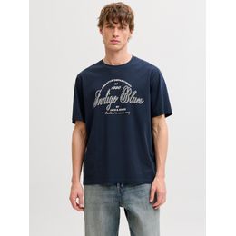Jack & Jones Rundhalsshirt JACK & JONES "JJEDENVER GRAPHIC TEE SS O-NECK SN", Herren, Gr. S, navy blazer, Jersey, Obermaterial: 100% Baumwolle, bedruckt, Rundhals, Shirts Rundhalsshirt, mit Logobranding
