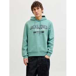 Jack & Jones Kapuzensweatshirt JACK & JONES "JJELOGO SWEAT HOOD 2 COL 25/26 NOOS", Herren, Gr. L, mineral blau, angeraute Sweatware, Obermaterial: 70% Baumwolle, 30% Polyester, bedruckt, regular fit normal, Rundhals, Rippb&uuml;ndchen, Sweatshirts Kapuzensweatshirt, mit stylischem Print