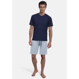 Shorty Bugatti "Florenz", Herren, Gr. 54, blau (blau, mittel, multi), Single Jersey, Obermaterial: 100% Baumwolle, gemustert, unifarben, bequem kniefrei, Rundhals, Homewear-Sets Shorty, V-Ausschnitt, Kurzarm, kurze Hose, mit Logo