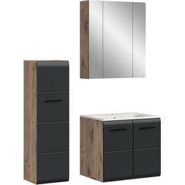 Badezimmer-Set Welltime, nox oak nb, sschwarz matt, B:105cm H:185cm T:46cm, Holzwerkstoff, MDF, Kastenm&ouml;bel-Sets, Badezimmer-Set, Florenz, Badkombination 4-tlg.,Nox Oak NB, inkl. Waschbecken