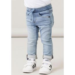 Schlupfjeans name it "NMMRYAN SLIM SWE JEANS 2472-TH NOOS", Jungen, Gr. 98, N-Gr, blau (light blau denim), Denim/Jeans, Obermaterial: 70% Baumwolle, 27% Polyester, 3% Elasthan, unifarben, regular fit lang, Jeans Schlupfjeans, im Jogging Style