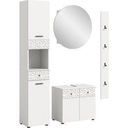 Badezimmer-Set Welltime "VICENZA, TOPSELLER, Breite 141cm, 4-teilig, mit Ornamentabsetzung", wei&szlig;, B:141cm H:187cm T:37cm, Holzwerkstoff, MDF, Kastenm&ouml;bel-Sets, Badezimmer-Set, Hochschrank, Waschbeckenunterschrank, Spiegelschrank und Hakenleiste
