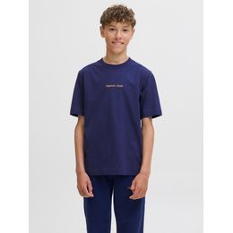 Jack & Jones T-Shirt JACK & JONES JUNIOR "JORNORREBRO EMB TEE SS CN NOOS JNR", Jungen, Gr. 164, blau (ocean cavern), Single Jersey, Obermaterial: 100% Baumwolle, bedruckt, relaxed fit normal, Rundhals, Shirts T-Shirt, Baumwolle, relaxed fit, Kurzarm