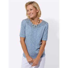 Rundhalspullover CLASSIC "Ajour-Pullover", Damen, Gr. 52, himmelblau, ecru, meliert, 65% Baumwolle, 35% Polyacryl, meliert, Pullover Rundhalspullover