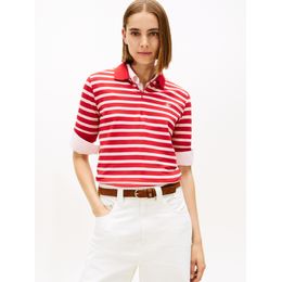 Poloshirt Tommy Hilfiger "TH SCRIPT LYOCELL ZIP SS POLO", Damen, Gr. L (40), primary rot, pink, calico stp, Single Jersey, Obermaterial: 65% Lyocell, 32% Baumwolle, 3% Elasthan, gestreift, regular fit, Shirts Poloshirt