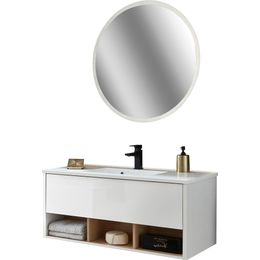 Badm&ouml;bel-Set Home Affaire "Studio Line, Bad im modernen Design, 2-teiliges Badezimmer", wei&szlig; (wei&szlig;, wei&szlig;, applikation eiche dekor), Spiegel rund, Kastenm&ouml;bel-Sets, Badm&ouml;bel-Set, Waschtisch und Spiegel, in zwei Farben verf&uuml;gbar