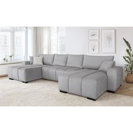 Wohnlandschaft Home Affaire "U-Form Bello", hellgrau, B:347cm, 100% Polyester, Sofas, Wohnlandschaft, mit Bettfunktion, Bettkasten Frei im Raum stellbar und Federkern