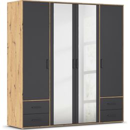 Dreht&uuml;renschrank Rauch "Kleiderschrank Schrank Garderobe W&auml;scheschrank VOYAGER", grau (eiche artisan, graumetallic), B:187cm H:194cm T:53cm, Holzwerkstoff, Schr&auml;nke, Dreht&uuml;renschrank, mit modernen Griffen in Graumetallic, inkl. Schubk&auml;sten und Spiegel