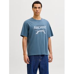 Jack & Jones Rundhalsshirt JACK & JONES "JJEDOVER DENIM TEE SS O-NECK SN", Herren, Gr. L, blau mirage, Jersey, Obermaterial: 100% Baumwolle, bedruckt, Rundhals, Shirts Rundhalsshirt, mit Logobranding