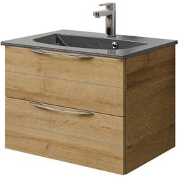 Waschtisch SAPHIR "Serie 6025 Mineralmarmor-Waschtisch mit Unterschrank, 67 cm breit", braun (riviera eiche, riviera eiche quer nb), B:67cm H:49,9cm T:48cm, Waschtische, Waschtisch, Waschplatz mit 2 Schubladen, h&auml;ngend, verschiedene Ausf&uuml;hrungen