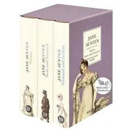 3 B&uuml;cher von Jane Austen im Schuber &ndash; Emma, Stolz und Vorurteil, Verstand und Gef&uuml;hl &ndash; Reclam