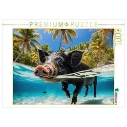 Calvendo Puzzle Schwarzes Schwein schwimmt im t&uuml;rkisblauen Wasser der Karibik 1000 Teile Lege-Gr&ouml;&szlig;e 64x48cm Foto-Puzzle f&uuml;r gl&uuml;ckliche Stunden