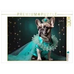 Calvendo Puzzle Franz&ouml;sische Bulldogge tr&auml;gt t&uuml;rkisfarbenes Abendkleid mit Krone 1000 Teile Lege-Gr&ouml;&szlig;e 64x48cm Foto-Puzzle f&uuml;r gl&uuml;ckliche Stunden