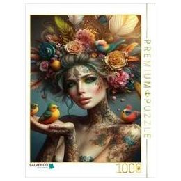 Calvendo Puzzle Portrait einer Frau mit gelben organischen Haarschmuck und Paradiesv&ouml;geln auf der Hand 1000 Teile Lege-Gr&ouml;&szlig;e 64x48cm Foto-Puzzle f&uuml;r