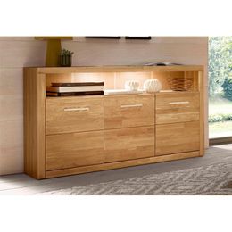 OTTO home Sideboard &raquo;Ribe,130cm breit, Fronten Massivholz,7 F&auml;cher&laquo; Holz massiv, Holzwerkstoff, Metall Griffe,3 T&uuml;ren braun Holz teilmassiv