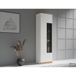 OTTO home Vitrine &raquo;Ribe,180cm hoch,5 F&auml;cher,2 Glasb&ouml;den variabel einsetzbar&laquo; Oberplatte Eiche massiv,dunkles Glas, schwarze Metall Griffe wei&szlig; Holz 