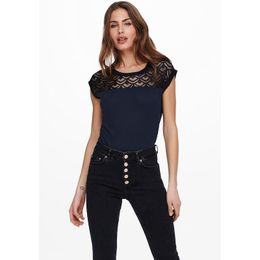 Only Damen Only Spitzenshirt &raquo;ONLNICOLE &ndash; Spitzendetails f&uuml;r eleganten Auftritt im Alltag&laquo; figurbetont, Jersey, Viskose, Rundhals, unifarben blau L (