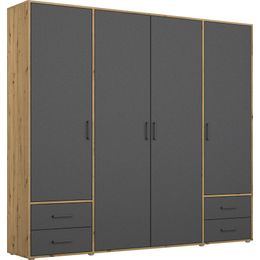 Dreht&uuml;renschrank Rauch "Kleiderschrank Schrank Garderobe W&auml;scheschrank VOYAGER", grau (eiche artisan, graumetallic, griffe graumetallic), B:187cm H:194cm T:53cm, Holzwerkstoff, Schr&auml;nke, Dreht&uuml;renschrank, mit 2 modernen Griffvarianten, mit Au&szlig;enschubladen MADE IN GERMANY, Topseller