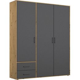 Dreht&uuml;renschrank Rauch "Kleiderschrank Schrank Garderobe W&auml;scheschrank VOYAGER", grau (eiche artisan, graumetallic, griffe graumetallic), B:140cm H:194cm T:53cm, Holzwerkstoff, Schr&auml;nke, Dreht&uuml;renschrank, mit 2 modernen Griffvarianten, mit Au&szlig;enschubladen MADE IN GERMANY, Topseller