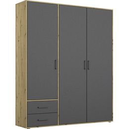 Dreht&uuml;renschrank Rauch "Kleiderschrank Schrank Garderobe W&auml;scheschrank VOYAGER", grau (eiche artisan, graumetallic, griffe graumetallic), B:140cm H:194cm T:53cm, Holzwerkstoff, Schr&auml;nke, Dreht&uuml;renschrank, mit 2 modernen Griffvarianten, mit Au&szlig;enschubladen MADE IN GERMANY, Topseller