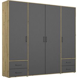 Dreht&uuml;renschrank Rauch "Kleiderschrank Schrank Garderobe W&auml;scheschrank VOYAGER", grau (eiche artisan, graumetallic, griffe graumetallic), B:187cm H:194cm T:53cm, Holzwerkstoff, Schr&auml;nke, Dreht&uuml;renschrank, mit 2 modernen Griffvarianten, mit Au&szlig;enschubladen MADE IN GERMANY, Topseller