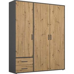 Dreht&uuml;renschrank Rauch "Kleiderschrank Schrank Garderobe W&auml;scheschrank VOYAGER", grau (graumetallic, eiche artisan, griffe graumetallic), B:140cm H:194cm T:53cm, Holzwerkstoff, Schr&auml;nke, Dreht&uuml;renschrank, mit 2 modernen Griffvarianten, mit Au&szlig;enschubladen MADE IN GERMANY, Topseller