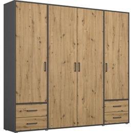 Dreht&uuml;renschrank Rauch "Kleiderschrank Schrank Garderobe W&auml;scheschrank VOYAGER", grau (graumetallic, eiche artisan, griffe graumetallic), B:187cm H:194cm T:53cm, Holzwerkstoff, Schr&auml;nke, Dreht&uuml;renschrank, mit 2 modernen Griffvarianten, mit Au&szlig;enschubladen MADE IN GERMANY, Topseller