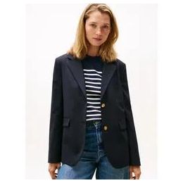 Longblazer Tommy Hilfiger "TIMELESS WOOL REG STRT SB BLAZER", Damen, Gr. 44, blau (schwarz night navy), Web, Obermaterial: 54% Polyester, 44% Wolle, 2% Elasthan, unifarben, regular fit, V-Ausschnitt, Blazer Longblazer, mit Wolle