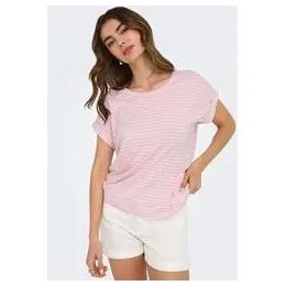 Kurzarmshirt Only "ONLMOSTER STRIPE S/S O-NECK TOP JRS NOOS", Damen, Gr. XS (34), rosa (pink lady stripes:cloud dancer), Jersey, Obermaterial: 75% Viskose, 20% Polyester, 5% Elasthan, gestreift, regular fit normal, Rundhals, Aufschlag, Shirts, gestreift, l&auml;ssig geschnitten, Jersey, Rundhals, Viskosemischung