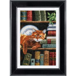 Kreuzstichbild - Katze im B&uuml;cherregal
