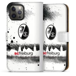 DeinDesign iPhone 12 Pro Max Handy Klapph&uuml;lle Handyh&uuml;lle aus Kunst Leder wei&szlig; Flip Case Skyline Sc Freiburg Logo Sideflip mit Lasche