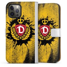 DeinDesign iPhone 12 Pro Max Handy Klapph&uuml;lle Handyh&uuml;lle aus Kunst Leder wei&szlig; Flip Case Official Licensed Product Soccer Sg Dynamo Dresden Sideflip mit Lasche