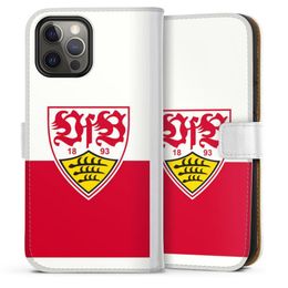 DeinDesign iPhone 12 Pro Max Handy Klapph&uuml;lle Handyh&uuml;lle aus Kunst Leder wei&szlig; Flip Case Vfb Stuttgart Logo Official Licensed Product Sideflip mit Lasche