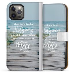 DeinDesign iPhone 12 Pro Max Handy Klapph&uuml;lle Handyh&uuml;lle aus Kunst Leder wei&szlig; Flip Case Statement Beach Spruch Sideflip mit Lasche