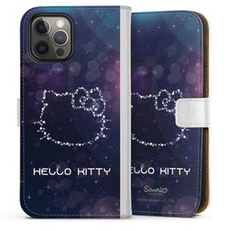 DeinDesign iPhone 12 Pro Max Handy Klapph&uuml;lle Handyh&uuml;lle aus Kunst Leder wei&szlig; Flip Case Merchandise Hello Kitty Weltall Sideflip mit Lasche