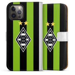 DeinDesign iPhone 12 Pro Max Handy Klapph&uuml;lle Handyh&uuml;lle aus Kunst Leder wei&szlig; Flip Case Stripes Borussia M&ouml;nchengladbach Gladbach Sideflip mit Lasche