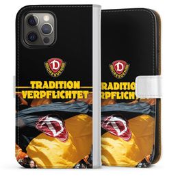 DeinDesign iPhone 12 Pro Max Handy Klapph&uuml;lle Handyh&uuml;lle aus Kunst Leder wei&szlig; Flip Case Sgd Sg Dynamo Dresden Merchandise Sideflip mit Lasche
