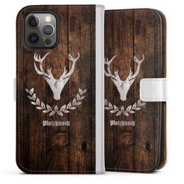 DeinDesign iPhone 12 Pro Max Handy Klapph&uuml;lle Handyh&uuml;lle aus Kunst Leder wei&szlig; Flip Case Wooden Look Deer Wood Sideflip mit Lasche