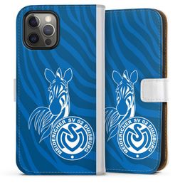 DeinDesign iPhone 12 Pro Max Handy Klapph&uuml;lle Handyh&uuml;lle aus Kunst Leder wei&szlig; Flip Case Merchandise Msv Duisburg Zebra Sideflip mit Lasche