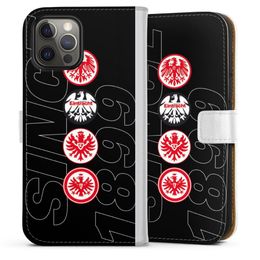DeinDesign iPhone 12 Pro Max Handy Klapph&uuml;lle Handyh&uuml;lle aus Kunst Leder wei&szlig; Flip Case Eagle Logo Eintracht Frankfurt Sideflip mit Lasche