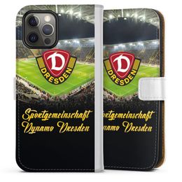 DeinDesign iPhone 12 Pro Max Handy Klapph&uuml;lle Handyh&uuml;lle aus Kunst Leder wei&szlig; Flip Case Sgd Sg Dynamo Dresden Official Licensed Product Sideflip mit Lasche