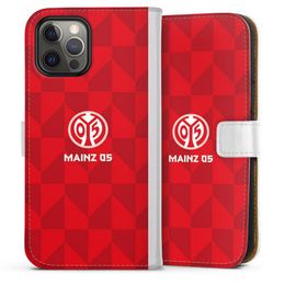 DeinDesign iPhone 12 Pro Max Handy Klapph&uuml;lle Handyh&uuml;lle aus Kunst Leder wei&szlig; Flip Case Mainz 05 Official Licensed Product Merchandise Sideflip mit Lasche